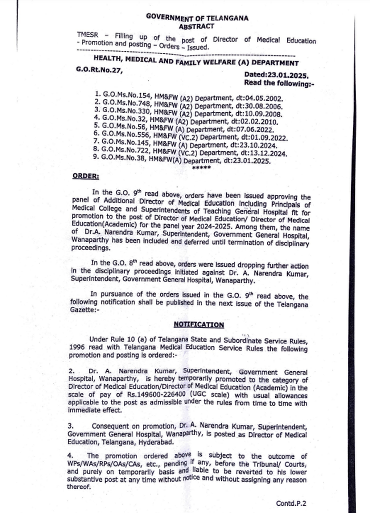 Telangana gets its first Director of Medical Education; the post had been held by in-charge ...